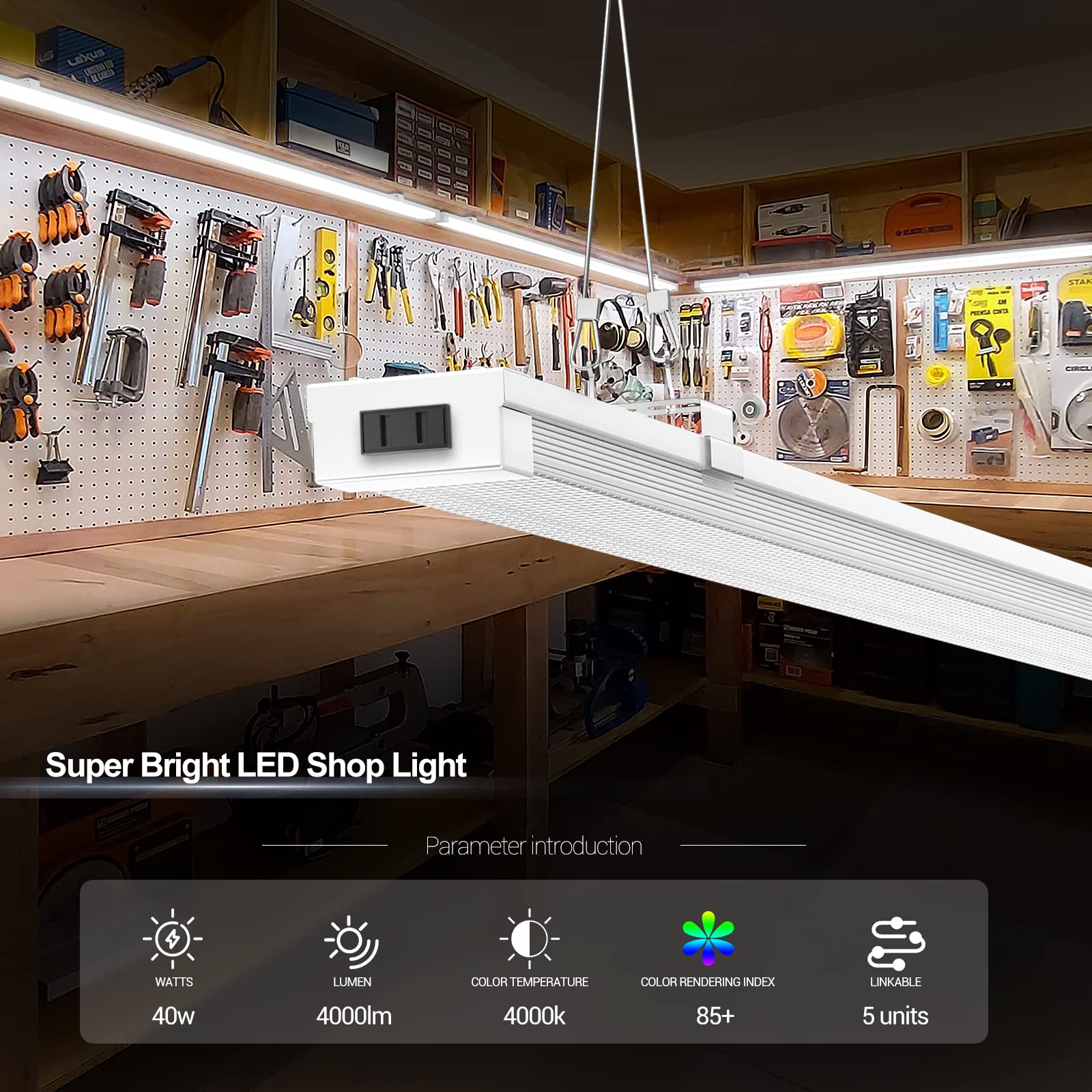 FAITHSAIL 5 Pack Linkable 4FT LED Shop Light, 40W, 4000 LM [Eqv.150W Fluorescent] 4000K LED Utility Light with Plug 48 Inch LED Garage Light Energy Saving Upto 1000KW/5Yrs(5Hrs/Day)-Hang & Flush Mount
