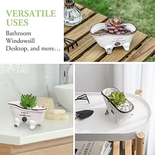 MyGift 6-Inch White Ceramic Indoor Plant Pot, Claw Foot Bathtub Mini Succulent Planter Pot, Petite French Country Bathroom Decor Soap Dish