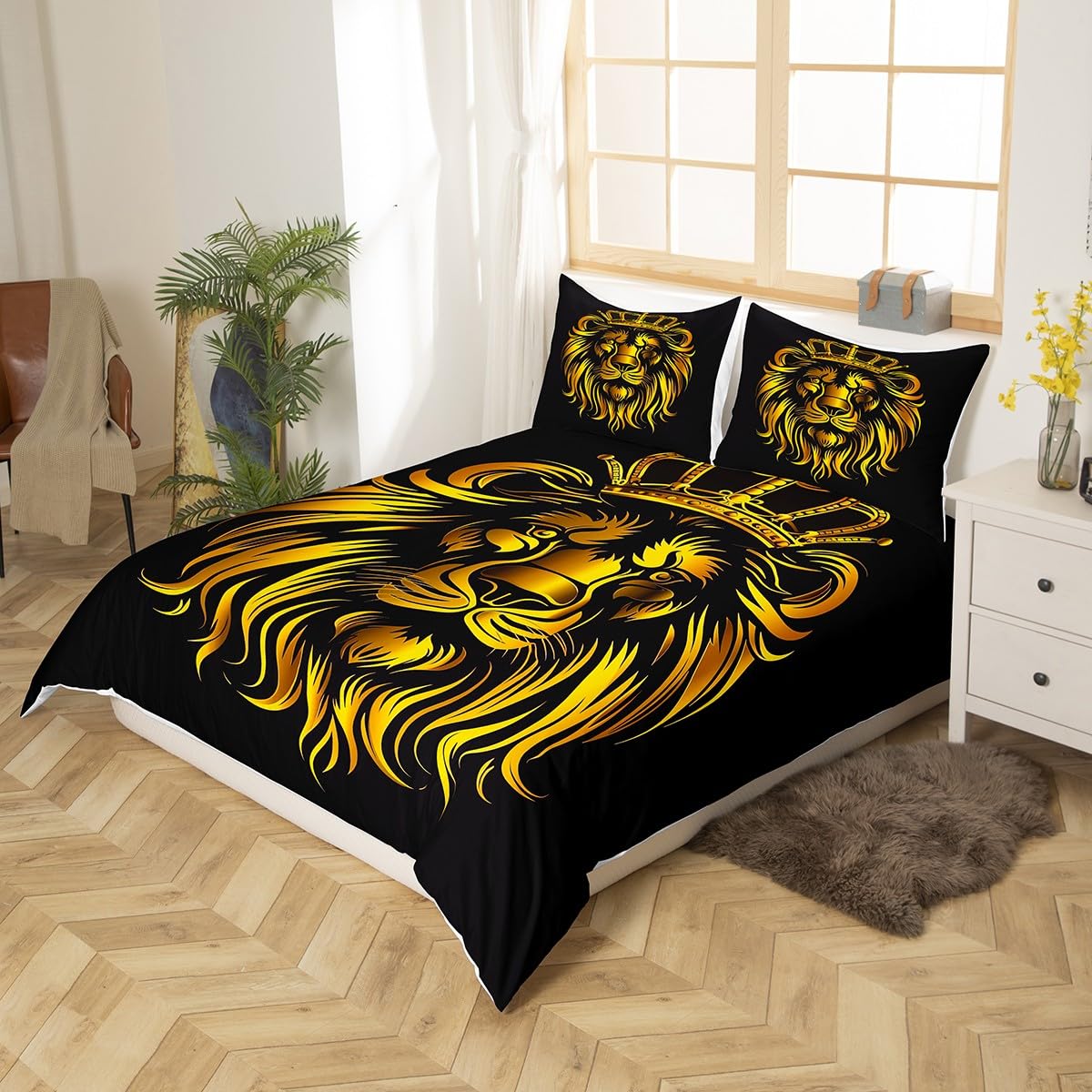 Castle Fairy Gold Roaring Lion Print Bedding Cover King Wild Animal King Comforter Sets for Adults Black Base 3 Pieces Duvet Sets(1 Duvet Cover 2 Pillow Cases),No Comforter