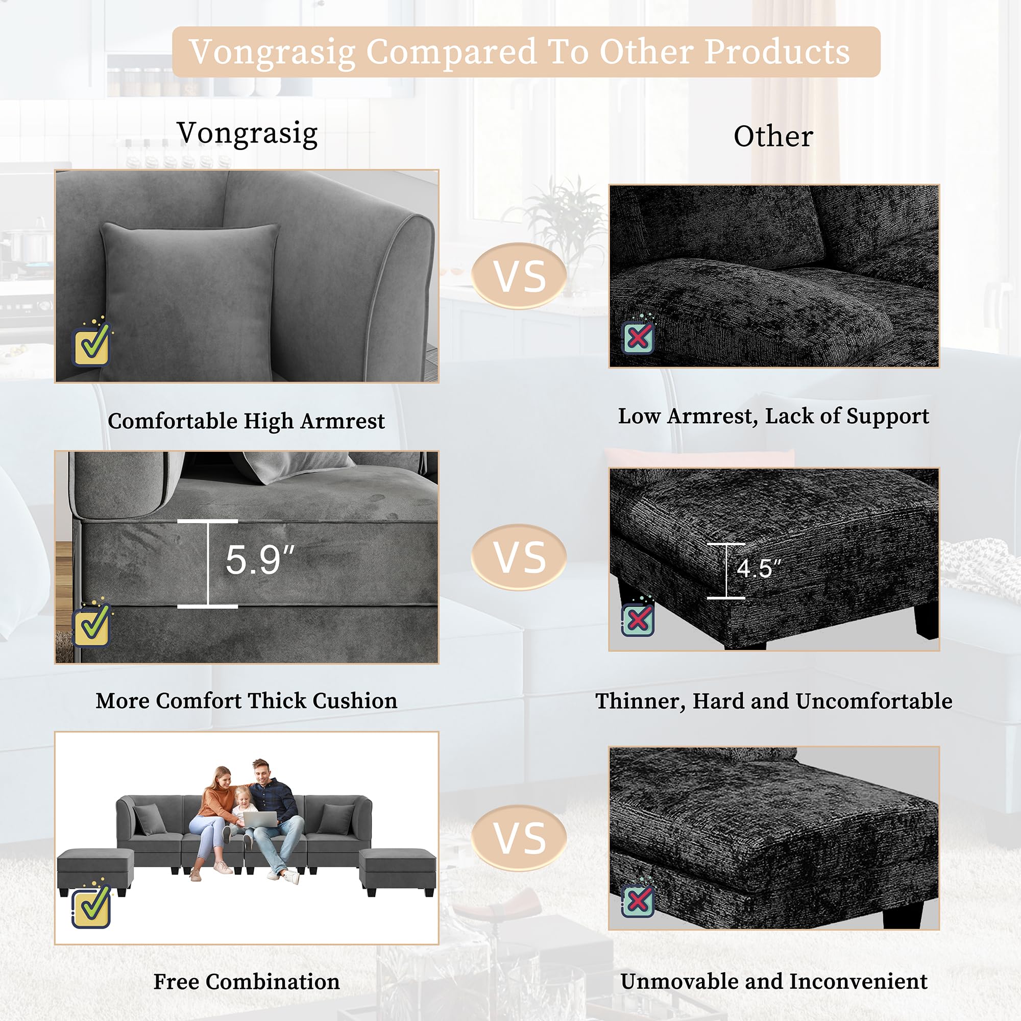 Vongrasig 6 Pieces Sectional Couch Modular Sofa with Reversible Chaise 116" Velvet U-Shaped Couch Sofa 6-seat Modular Large Sectional Couch with Ottoman for Living Room, Upholstered Cushion (Grey)