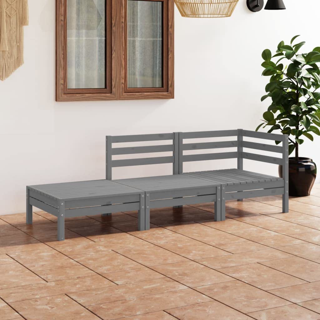 vidaXL 3 Piece Patio Lounge Set, Gray, Solid Pinewood, Outdoor Furniture, Modular Design, Includes Middle Sofa, Corner Sofa and Footstool