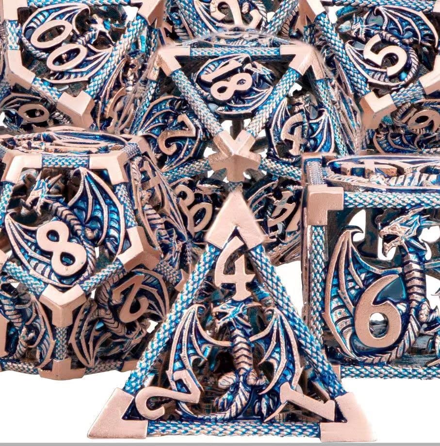 Hollow Metal DND Game Dice Dragon Shaped Blue and Copper Numbers 7Pcs Set for Dungeons and Dragons RPG MTG Table Games D&D Pathfinder Shadowrun and Math Teaching(with Metal case)