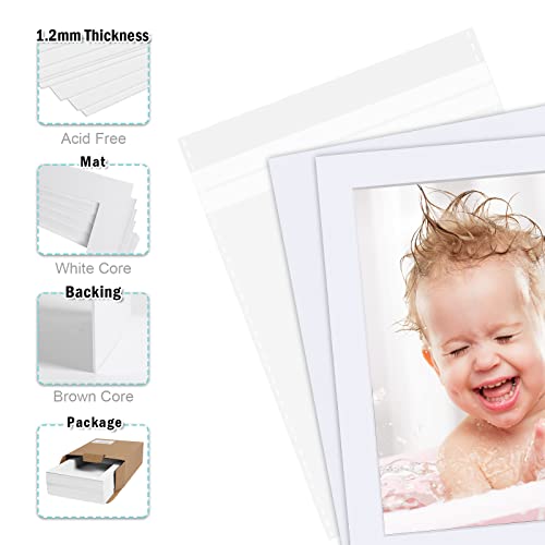 Egofine Pack of 25 White Pre-Cut 11x14 Picture Mat for 8x10 Photo with White Core Bevel Cut Mattes Sets. Includes 25 High Premier Acid Free Mats & 25 Backing Board & 25 Clear Bags
