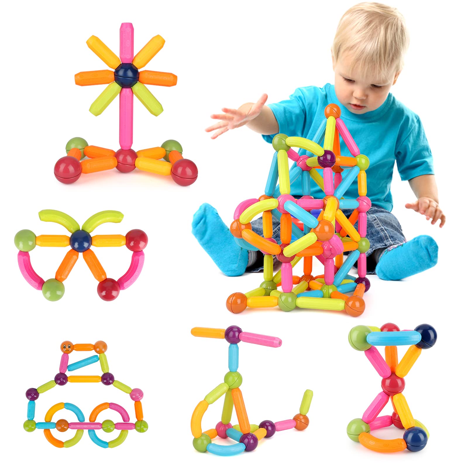 Magnetic Balls and Rods Set 44 Pcs Magnetic Building Sticks Blocks for Kids,Vibant Colors Different Sizes Curved Shapes,Educational STEM Magnet Toys Gift for Boys Girls Age 3 4 5 6 7 8