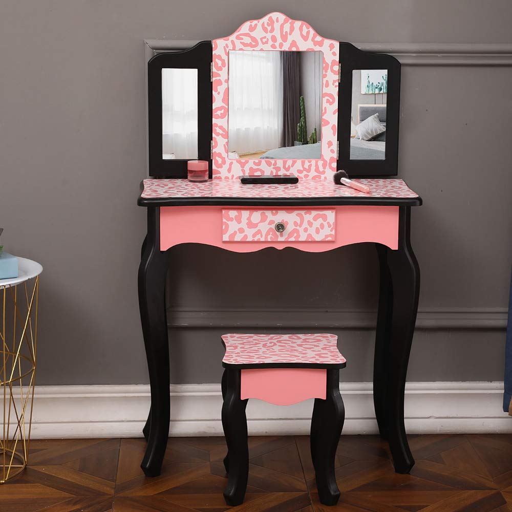 Vasitelan Kids Vanity Set with Mirror and Drawers,Little Girls Vanity Set with Stool for Bedroom,Vanity for Kids with Folding Mirror,Kids Makeup Vanity Dressing Table