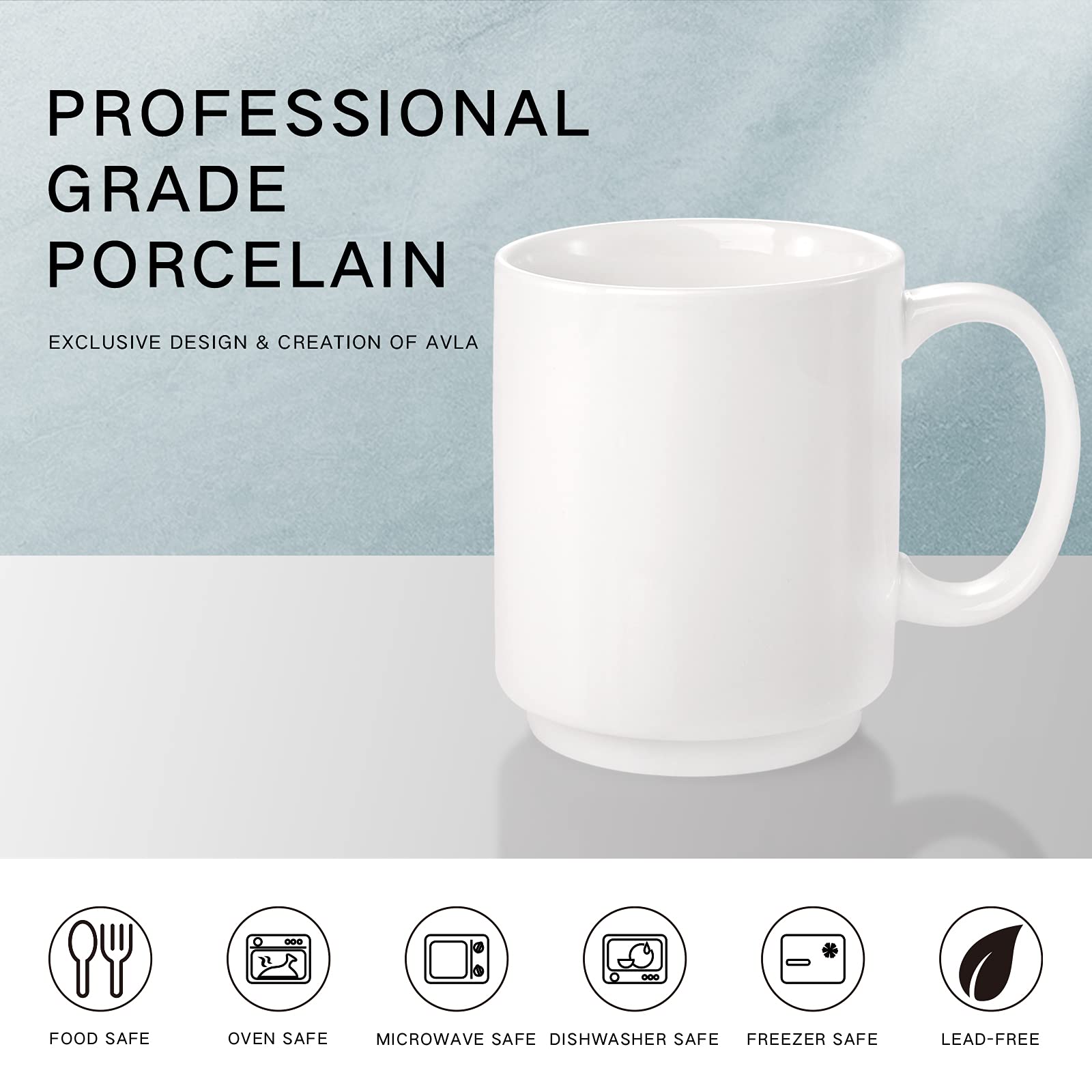 AVLA 6 Pack Porcelain Coffee Mug Set, 16 OZ Ceramic Tea Cups with Handle, White Straight Milk Mug, Elegant Drinking Cups for Cocoa, Water, Latte and Mulled Drinks, Microwave and Dishwasher Safe