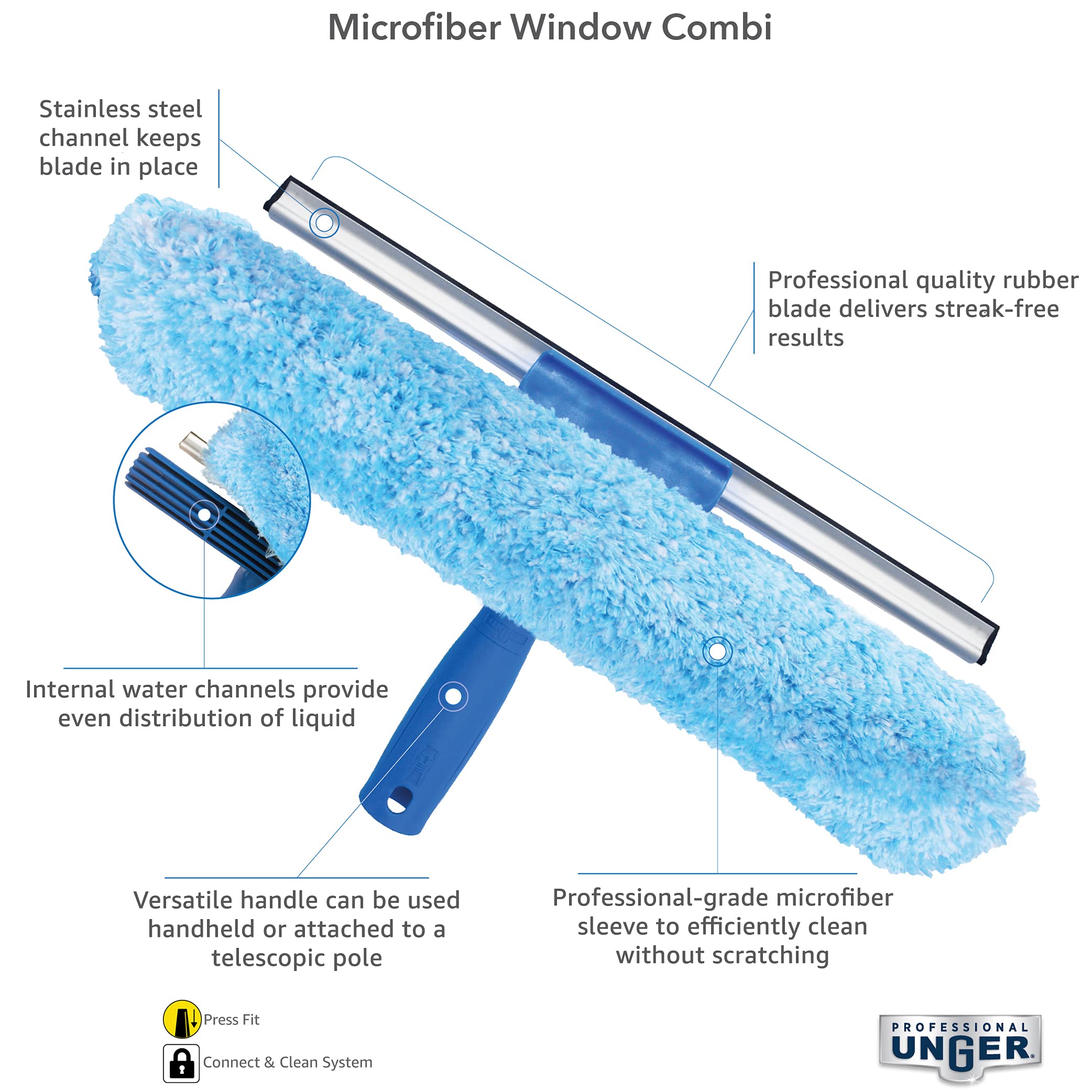 Unger Professional 2-in-1 Squeegee & Scrubber - 10” Window Cleaning Tool – Cleaning Supplies, Squeegee for Window Cleaning, Commercial & Residential Use, Microfiber Sleeve