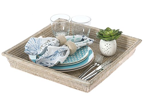 KOUBOO 1020047 La Jolla Rattan Square Serving Tray, 17.5" x 17.5" x 2.75", White Wash