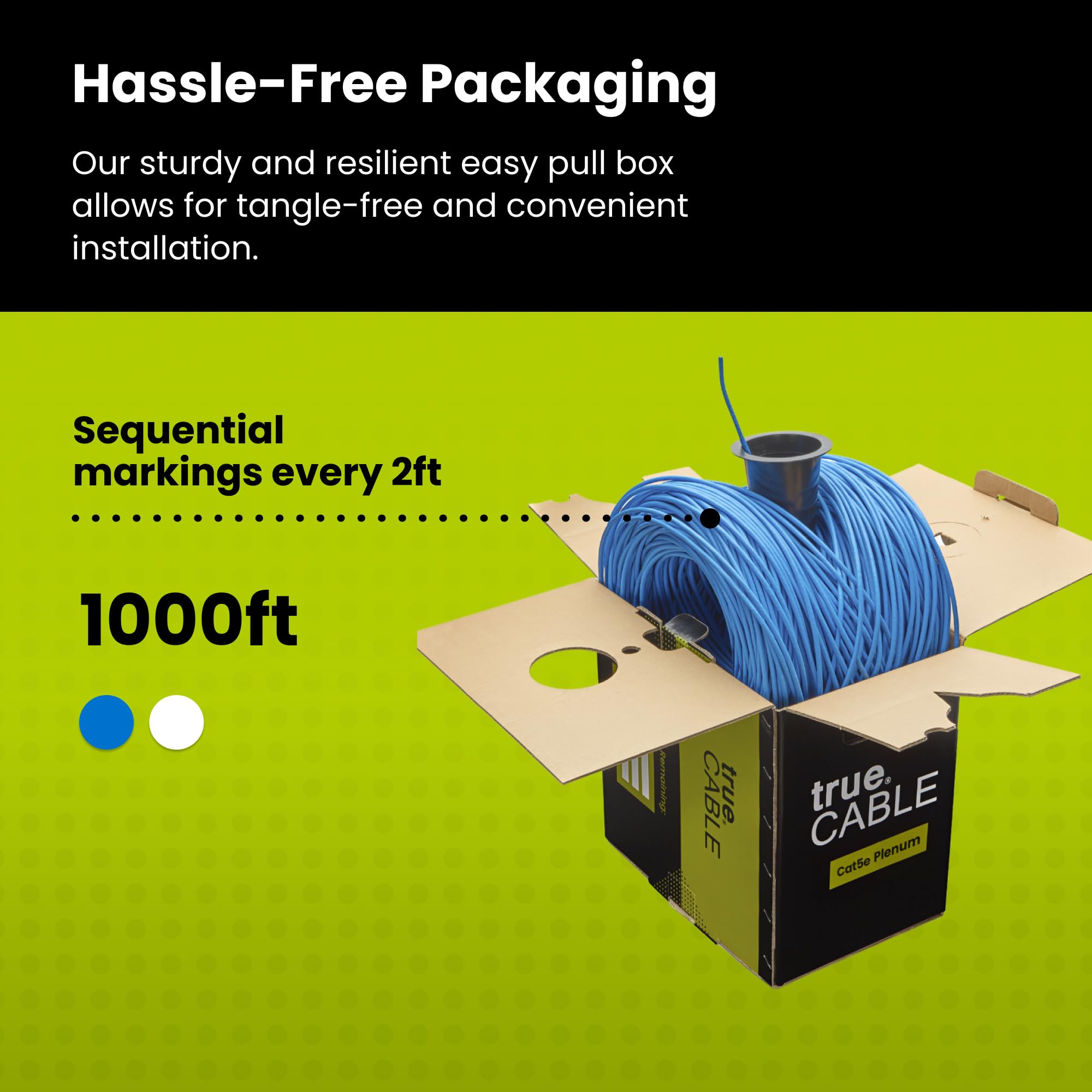 trueCABLE Cat5e Plenum (CMP), 1000ft, Blue, 24AWG 4 Pair Solid Bare Copper, 350MHz, PoE++ (4PPoE), ETL Listed, Unshielded Twisted Pair (UTP), Bulk Ethernet Cable