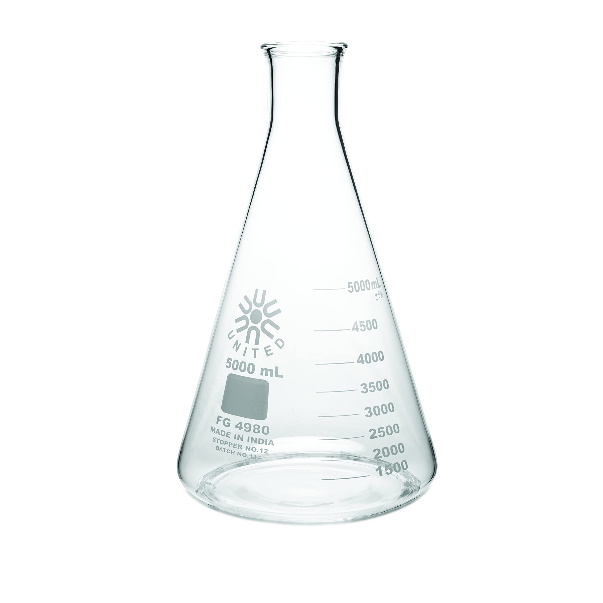 United Scientific™ FG4980-5000, 5000mL (5L) Borosilicate Glass Erlenmeyer Flask (Single)
