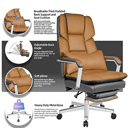 SeekFancy Reclining Office Chair with Footrest O203, Big and Tall Office Chair 500lbs Wide Seat with 170° Backrest, High Back Large Executive Office Chair Lumbar Support,Brown Leather Managerial Chair