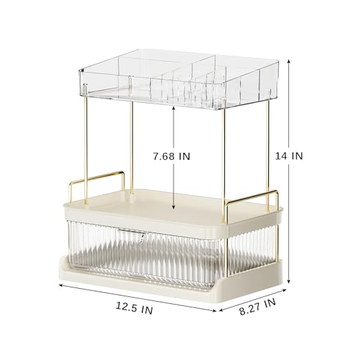 STORICANS 2-Tier 1-Drawer Bathroom Counter Organizer, Multi-Purpose Makeup Organizer Countertop, Large Skincare Organizers, Exquisite Vanity Organizer |12.5 Inch Clear