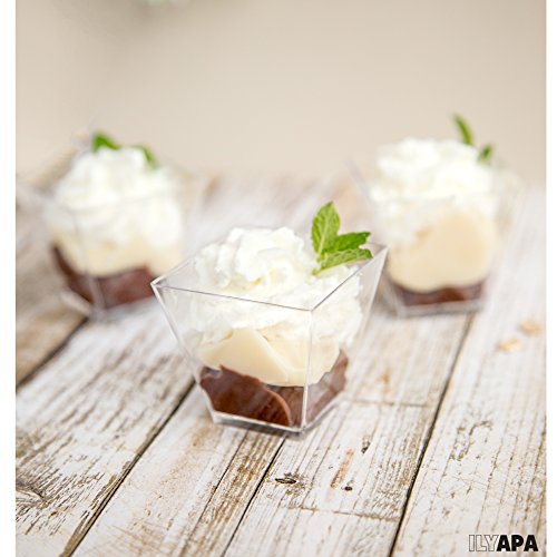 Ilyapa 100 x 2oz Mini Plastic Dessert Cups with Spoons - Dessert Shooter Plastic Glasses, Elegant Mini Appetizer Cups for Chocolate & Cheesecake, Mini Tumbler Square Cup, Puddings, Mousse, Parfaits