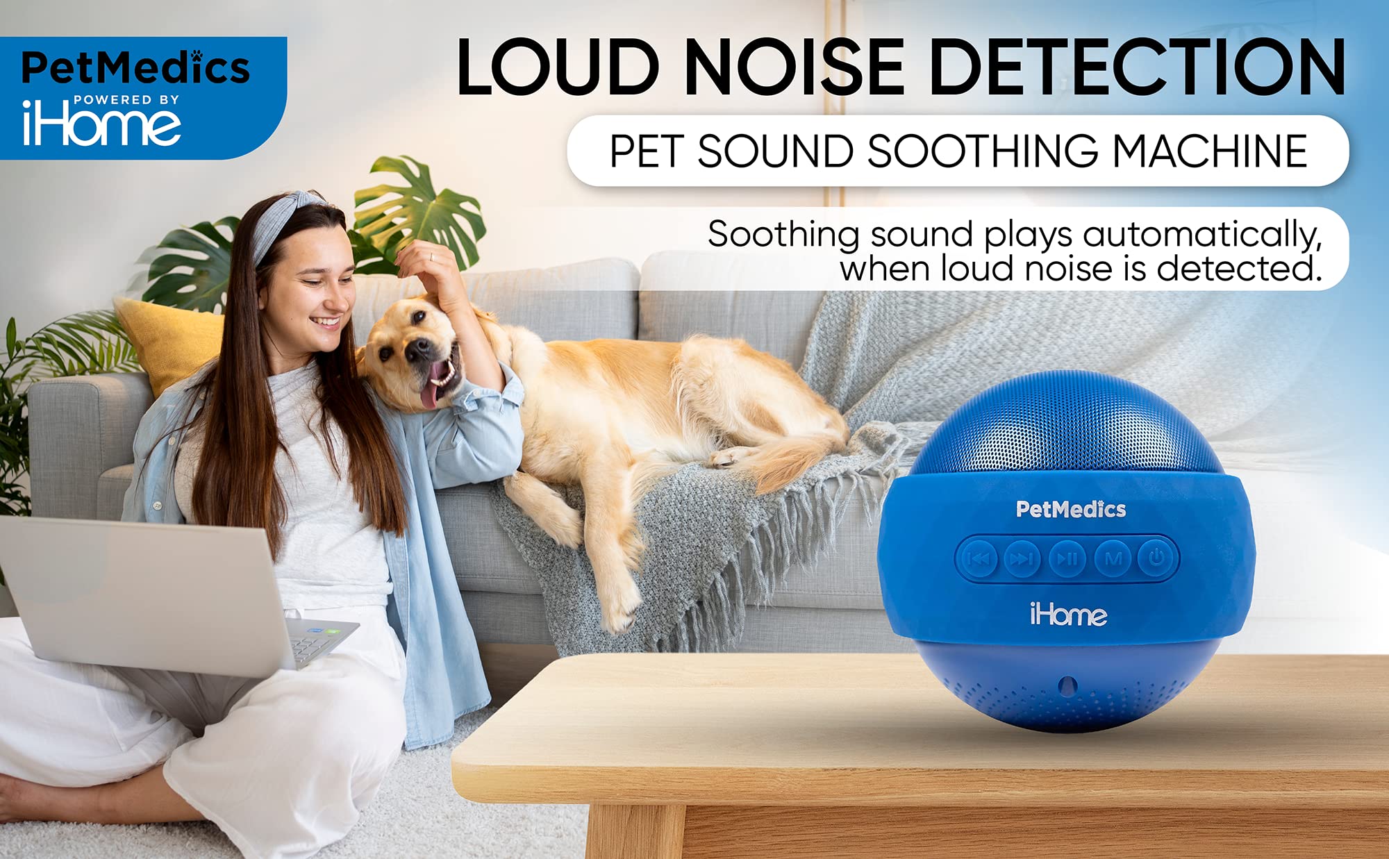 PetMedics Calming Pet Soothing Sound Noise Machine - Dog & Cat Anxiety Relief - 3 Calming Sounds - AC/Wall Powered - for Separation Anxiety, Thunderstorms & Fireworks Stress Relief - Powered by iHome