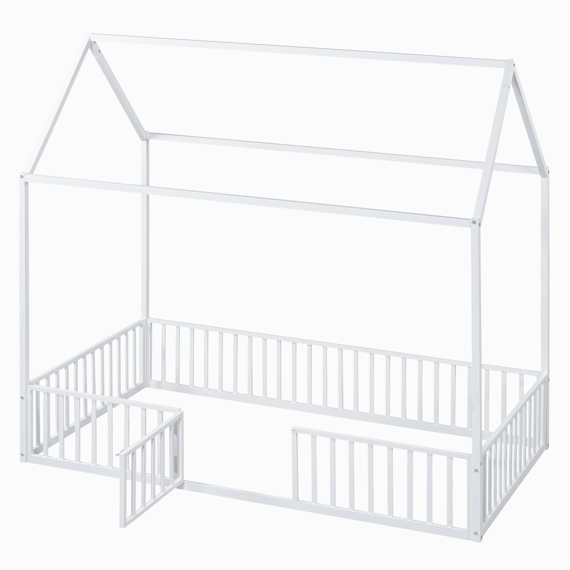 Merax Twin Size Montessori Floor Bed, Metal House Bed Frame with Roof for Kids, Teens, Girls, and Boys, No Box Spring Needed, White