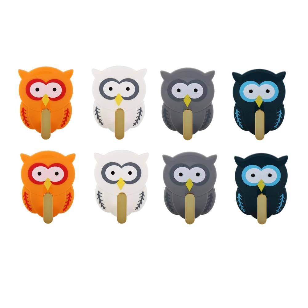 Pokinge 8pcs Cute Coat Hooks Wall Storage Sticky Hook Hanging Multi-Function Self Adhesive Owl Hook Storage Accessories for Kitchen Kids Bedroom Bathroom