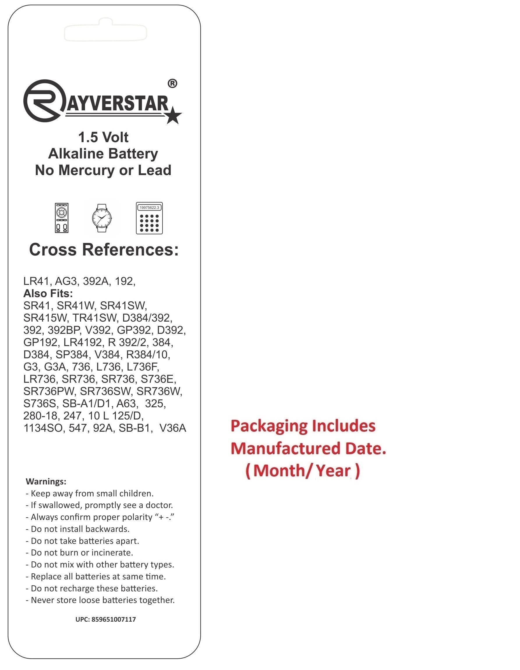 Rayverstar LR41 AG3 1.5 Volt Alkaline (20-Batteries) Fits: 392, 192, SR41, 384, 736, L736F (Full List Below)