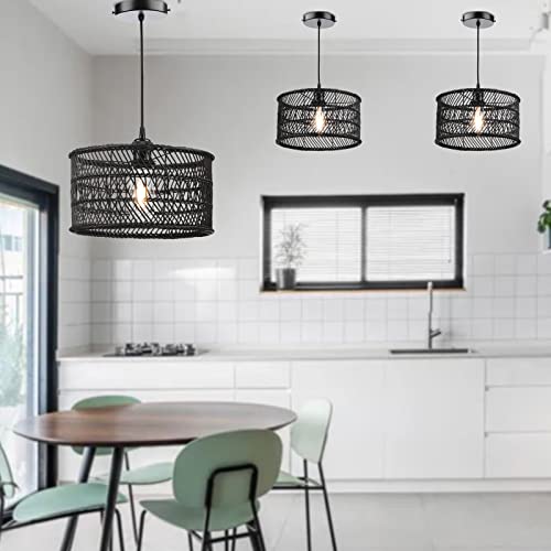 HOONEX Rattan Chandelier, Rattan Light Fixture Ceiling, 12.4" Wicker Pendant Light for Dining Room Bedroom Kitchen Island, Black