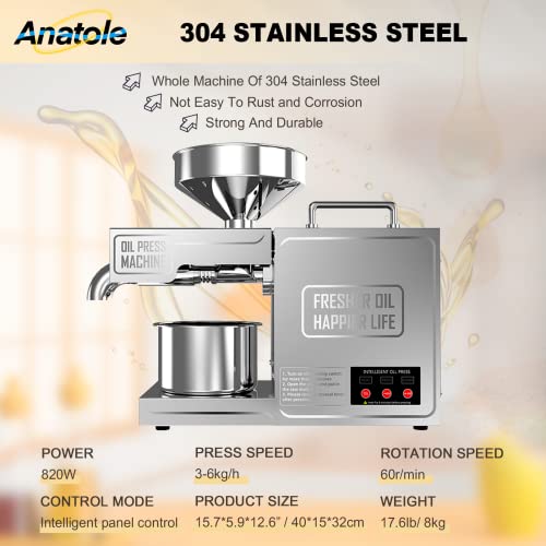 Anatole Oil Press Machine Electric Seed Oil Maker Stainless Steel 820W Automatic Kitchen Oil Extractor for Commercial Home Use 110V US Plug