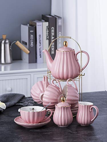 Jusalpha Fine China Pink Coffee Cup/Teacup Set, 7 OZ Cups& Saucer Service for 4, with Teapot-Sugar Bowl-Cream Pitcher Teaspoons and tea strainer for Tea/Coffee, 17-Pieces (TW Full set)