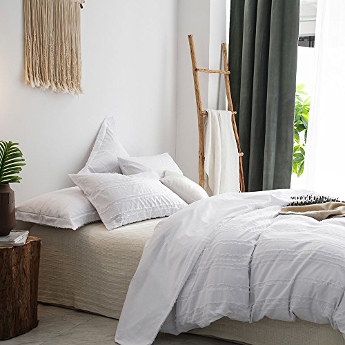 Merryfeel Duvet Cover Set Queen,100% Cotton White Textured Striped Duvet Cover with Pillowshams,3 Pieces Bedding Set-White Stripe Full/Queen