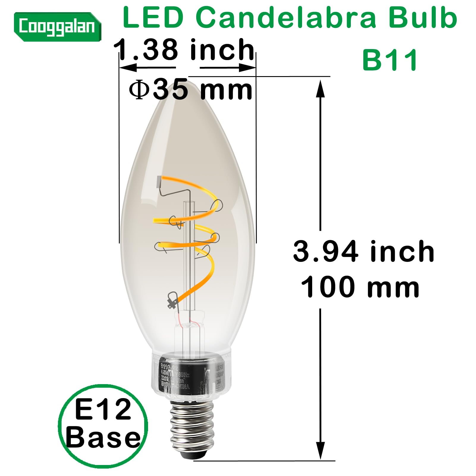 COOGGALAN Dimmable 60 Watt Chandelier Light Bulb, Amber Candelabra LED Light Bulbs B11 E12, Vintage Spiral Filament Bulb, 4.8W Warm White 2200K, CRI 90, 6 Pack