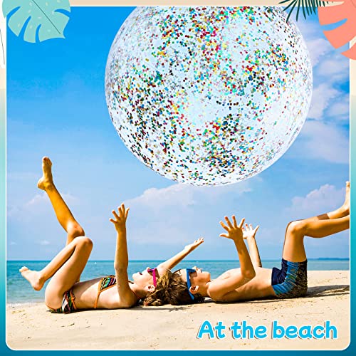 Leitee Giant Sequins Beach Ball 5 FT Huge Confetti Glitters Inflatable Clear Beach Ball Oversized Blow up Plastic Inflatable Balls for Summer Swimming Pool Party Favors and Massive Water Games (5 Ft)
