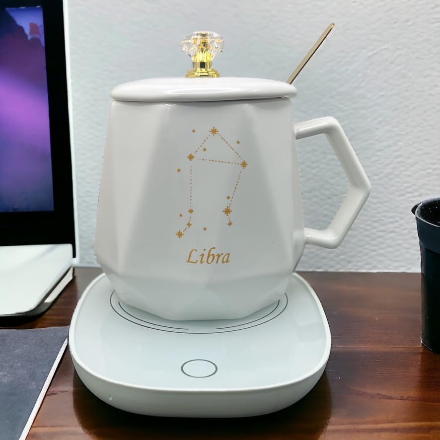 RedRoko Zodiac Sign Star Self Heating Coffee Mug - Astrology Coffee Mugs, Constellation, Astrology Zodiac Signs, Coffee Warmer Mug, Ceramic Coffee Mug with Hot Plate, Spoon & Lid - Libra - White