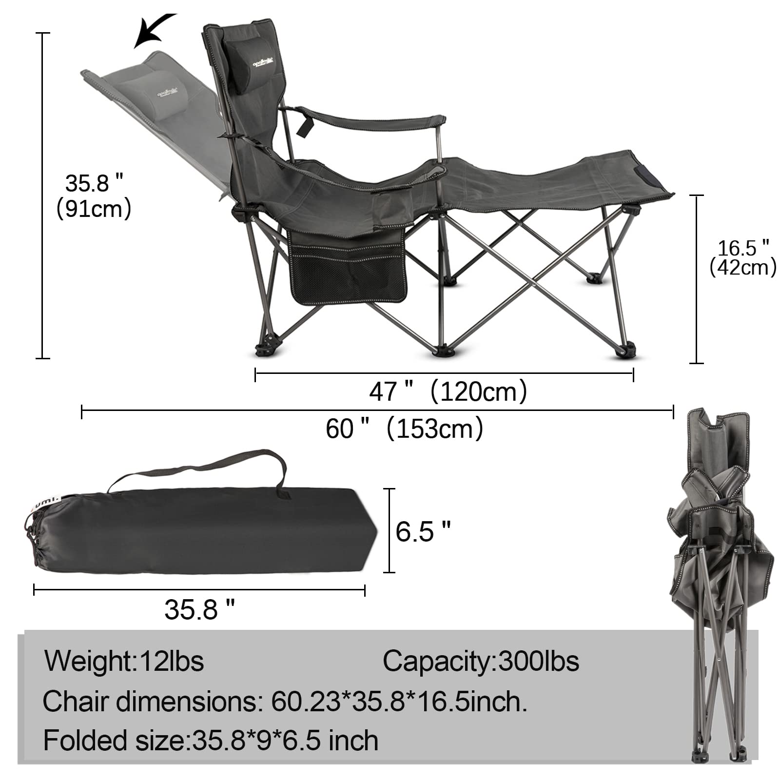 apollo walker Folding Camping Chairs Reclining Beach Chairs for Adults Portable Sun Chairs Outdoor Lounger with Carry Bag,for Fishing,Camp,Picnics