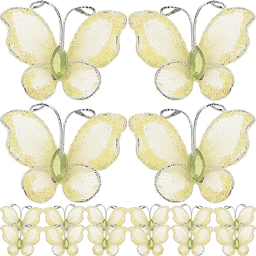 Mesh Glitter Butterfly 50Pcs Sheer Mesh Glitter Butterflies, Mesh Wire Glitter Butterfly with Gem DIY Butterfly Craft for Home Wedding Party Wall Decorations (Yellow)