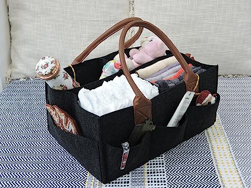 Mysa Felt Baby Diaper Caddy Car Organizer with Vegan Leather Handle for Diapers and Baby Wipes For Changing Table Nursery Storage Bin Basket, Baby Shower Gift Suitable For Indoor Outdoor (BLACK)