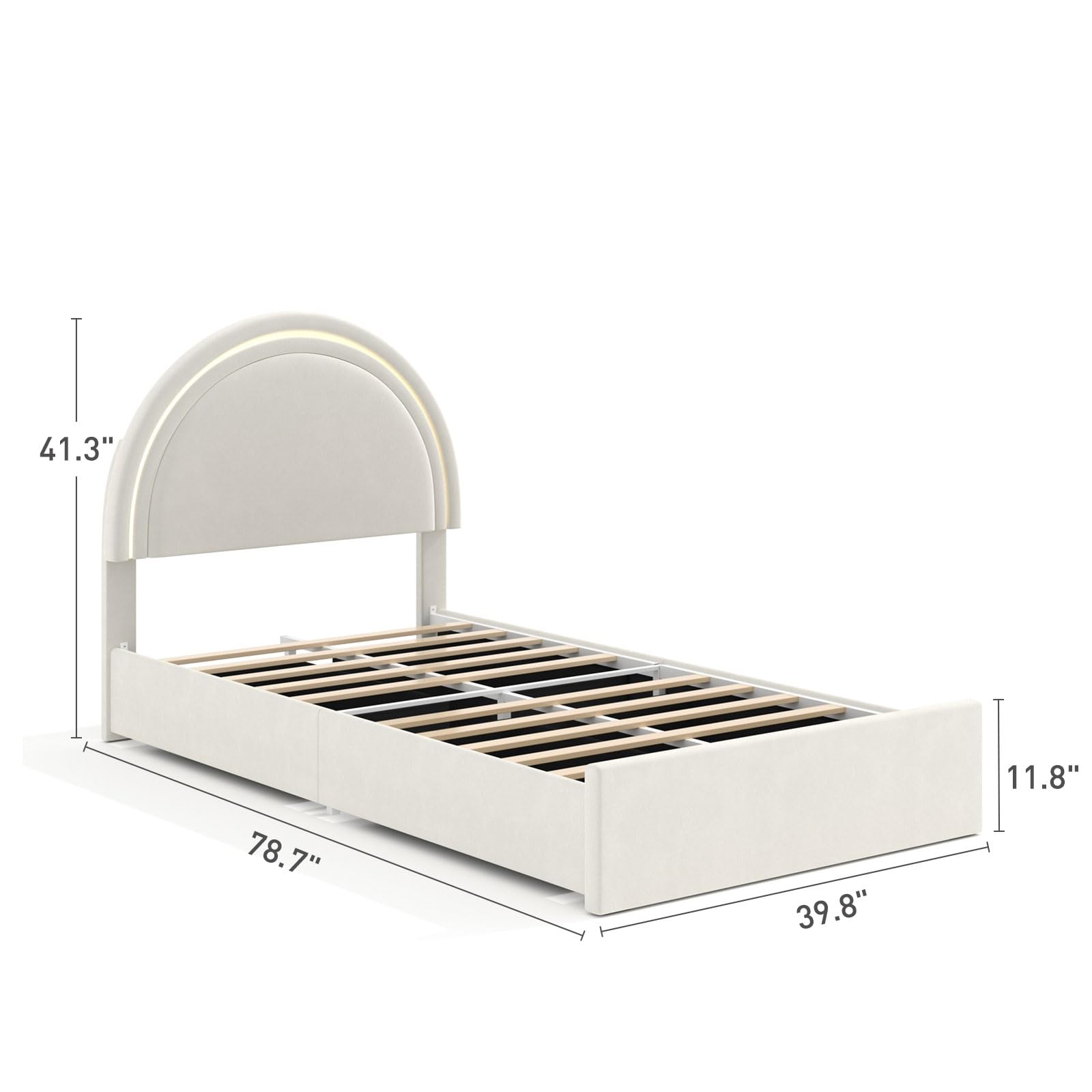 Bonzy Home Twin Size Bed Frame with LED Round Headboard, Princess Platform Bed Frame with 4 Storage Drawers, Girls Twin Bed Frame with Lights, Slats Support, No Box Spring Needed