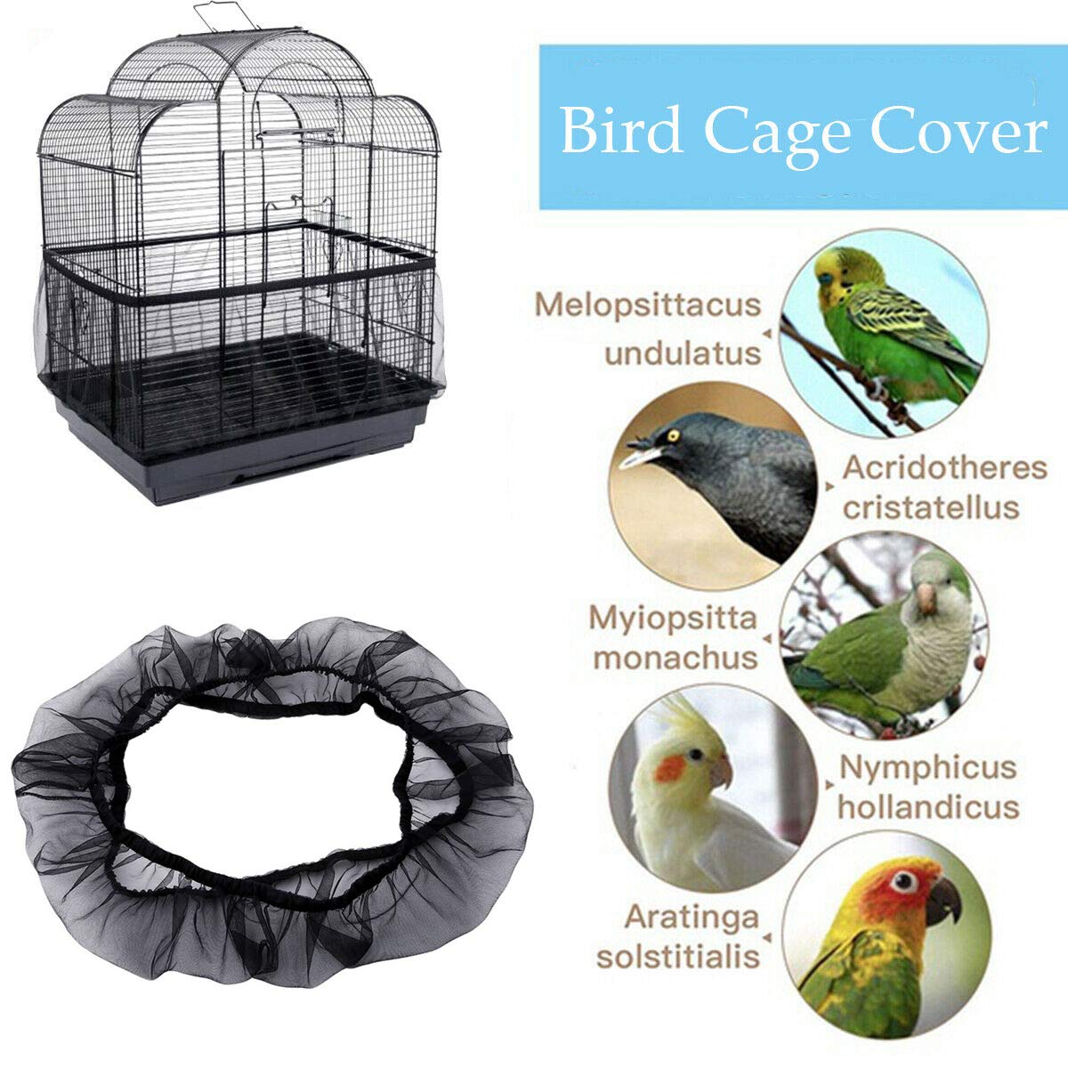 Universal Bird Cage Seed Catcher,Seed Catcher Guard Net Cover,Parrot Nylon Mesh Net Cover,Soft Airy Cage Net Stretchy Skirt for Round Square Cage Father'Day Gift(Circumference 40 inch to 63 inch,Black