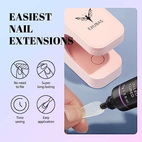 Ejiubas Gel Nail Kit - 300PCS Pre-buff Short Almond Gel Nail Tips, 15ML Long-Lasting Solid Gel with Portable Nail Lamp, Acrylic Nail Kit Gel Extension Set for Diy Home Manicure