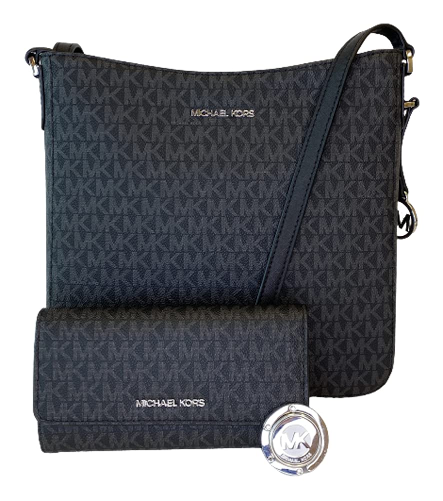 Michael Kors MICHAEL Michael Kors Jet Set Travel Large Messenger Crossbody bundle with Trifold Wallet Purse Hook (Signature MK Vanilla)