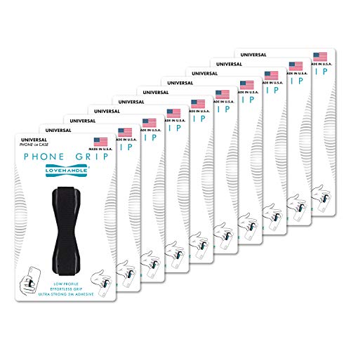 LOVEHANDLE Universal Phone Grip for Most Smartphones, Mini Tablets and Cases, Black Elastic Strap with Black Base, Pack of 10, LH-01-10PackBlack