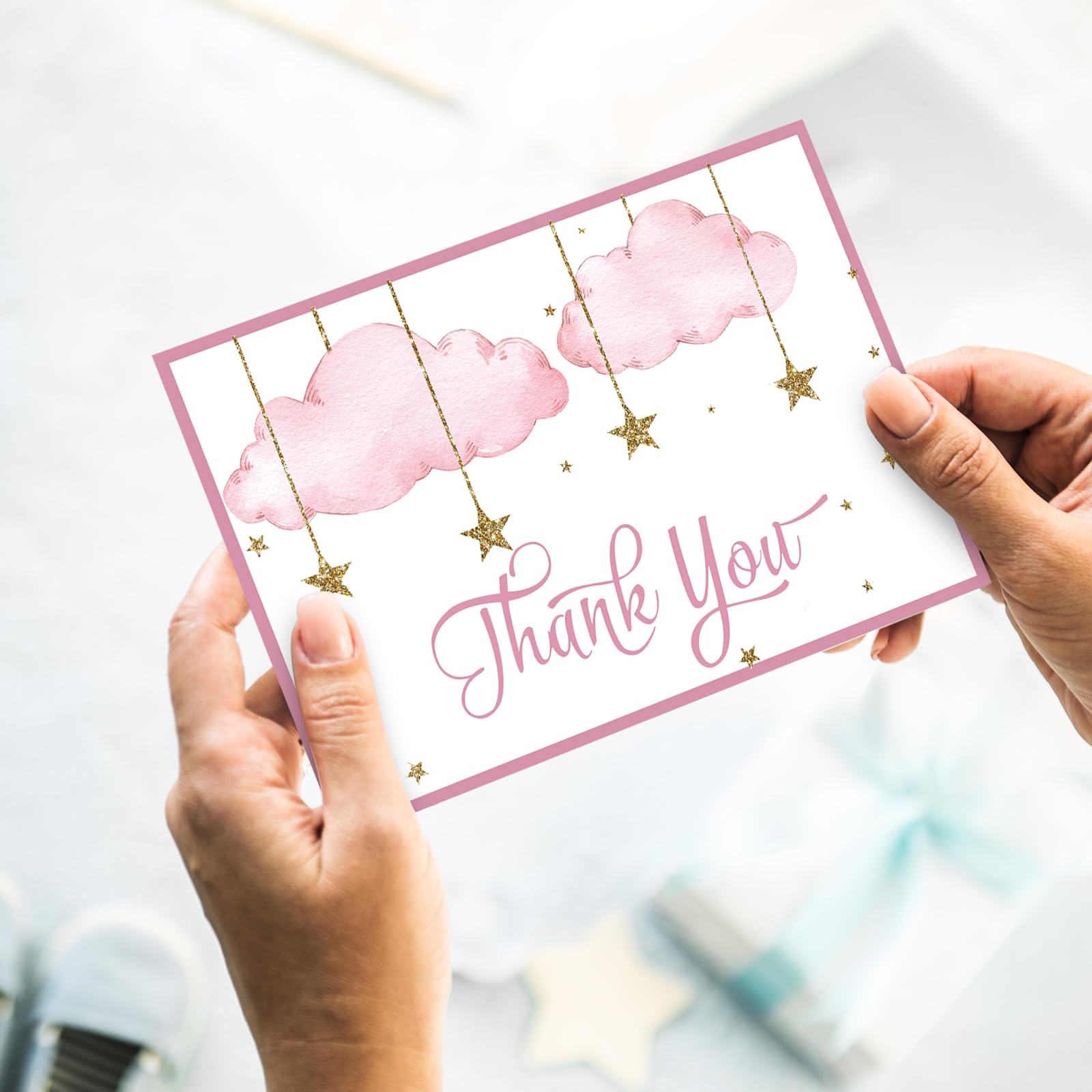 Whaline 36 Pack Pink Baby Shower Thank You Cards with Envelopes Matching Seal Stickers Glitter Starry Twinkle Moon Blank Note Cards for Birthday Supplies