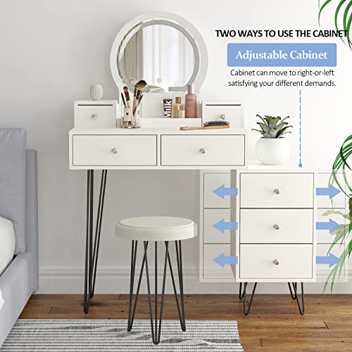 Fameill Makeup Vanity Desk with Lighted Mirror,White Vanity Table Set with Round Mirror,3 Color Touch Screen Dimming Mirror,7 Drawers Bedroom Dressing Table with Soft Cushioned Stool