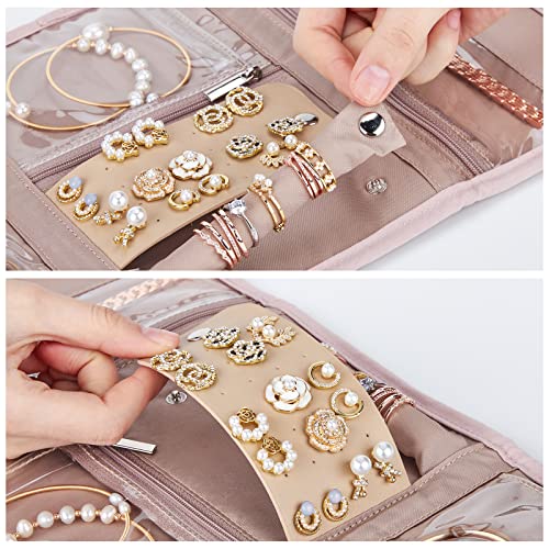 BELALIFE Travel Jewelry Case Organizer, Foldable Jewelry Storage Roll for Earrings, Necklaces, Rings, Bracelets, Brooches, Pink