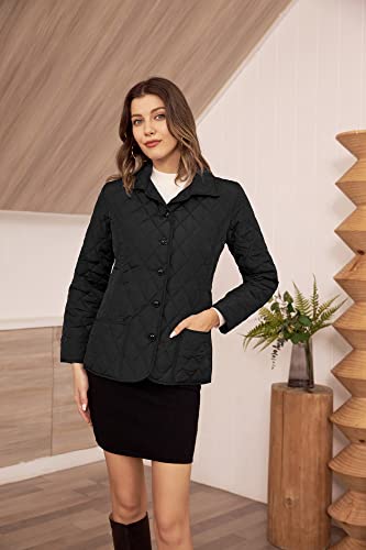 GRACE KARIN Women Lightweight Jacket Casual Winter Quilted Coat Lapel Button Down Long Sleeve Outwear with Pockets Black L
