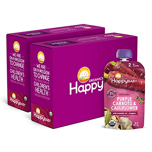 Happy Baby Organics Savory Blends Stage 2 Baby Food, Purple Carrots & Cauliflower with Avocado Oil + Oregano, 4 Ounce Pouch (Pack of 16) packaging may vary