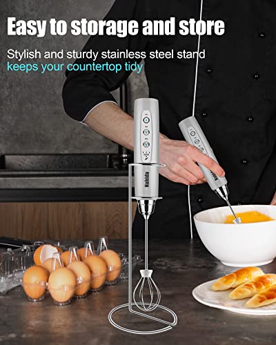 Nahida Handheld Milk Frother for Coffee with Stand, Rechargeable Drink Foam Mixer with 3 Heads 3 Speeds Electric Stirrers for Latte, Cappuccino, Hot Chocolate, Egg, Cord-Free