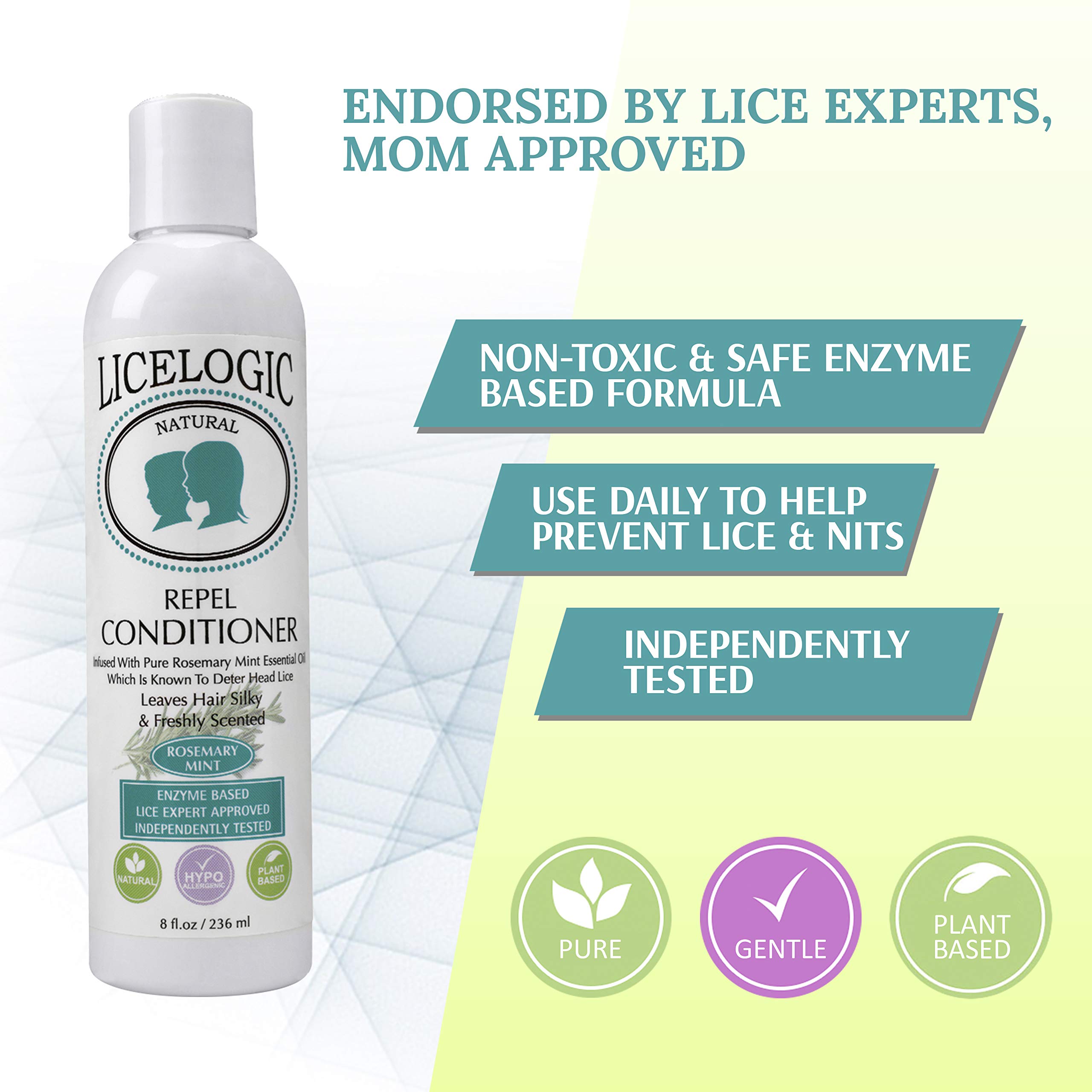LiceLogic Repel Lice Prevention Conditioner, 8oz, Rosemary Mint - Effective Against Super Lice, Kills Eggs & Nits, Not Toxic, Naturally Derived Licezyme