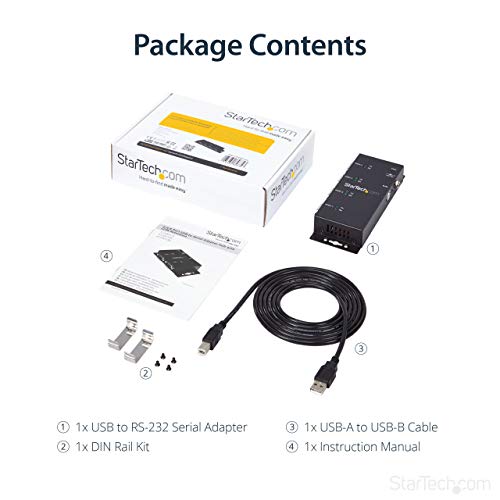 StarTech.com 4 Port USB to Serial RS232 Adapter - Wall Mount - Din Rail - COM Port Retention - FTDI USB to DB9 RS232 Hub , TAA (ICUSB2324I)