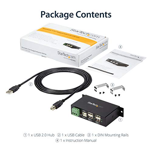 StarTech.com 4-Port USB 2.0 Hub - Metal Industrial USB-A Hub - Din Rail, Wall or Desk Mountable USB Data Hub - TAA Compliant USB Expander Hub (ST4200USBM)