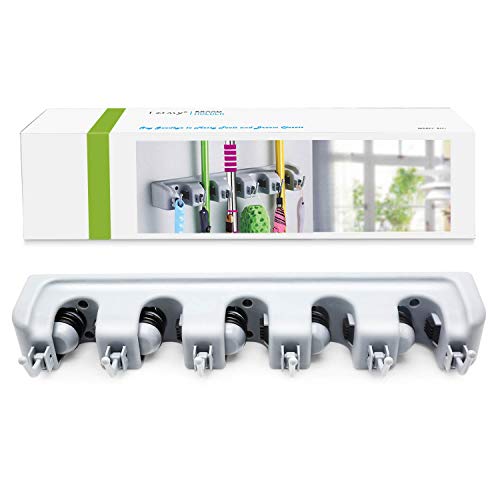 LETMY Broom Holder Wall Mounted - Mop and Broom Hanger Holder - Garage Storage Rack & Garden Tool Organizer - 5 Position 6 Hooks for Home, kitchen, Garden, Tools, Garage Organizing