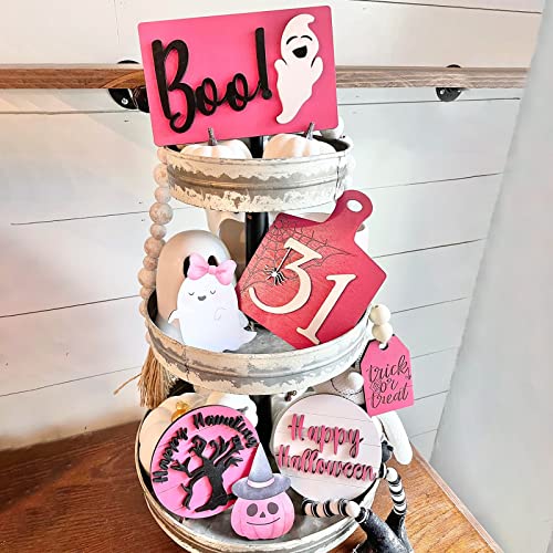 Happy Halloween Tiered Tray Decoration Set, Cute Trick-or-Treat Ghosts Wooden Signs Decor, for Kitchen Home Table Mini Decor Holiday Party Supplies Rustic Farmhouse Tray Sets (D)