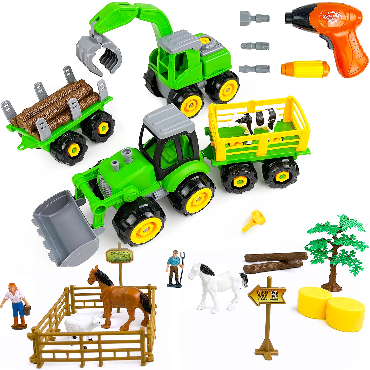 MICHEF Take Apart Toys Play Farm Truck Tractor and Excavator Toy Set with Electric Drill,
