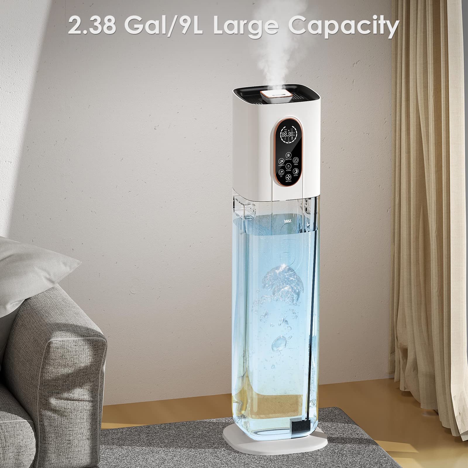 Humidifier for Large Room Bedroom, BITOWAT Warm & Cool Mist Humidifiers 9L/2.38 Gallon, Top Fill, Essential oil Tray, Custom Humidity, 3 Mist Level, Timing Setting, Remote Control