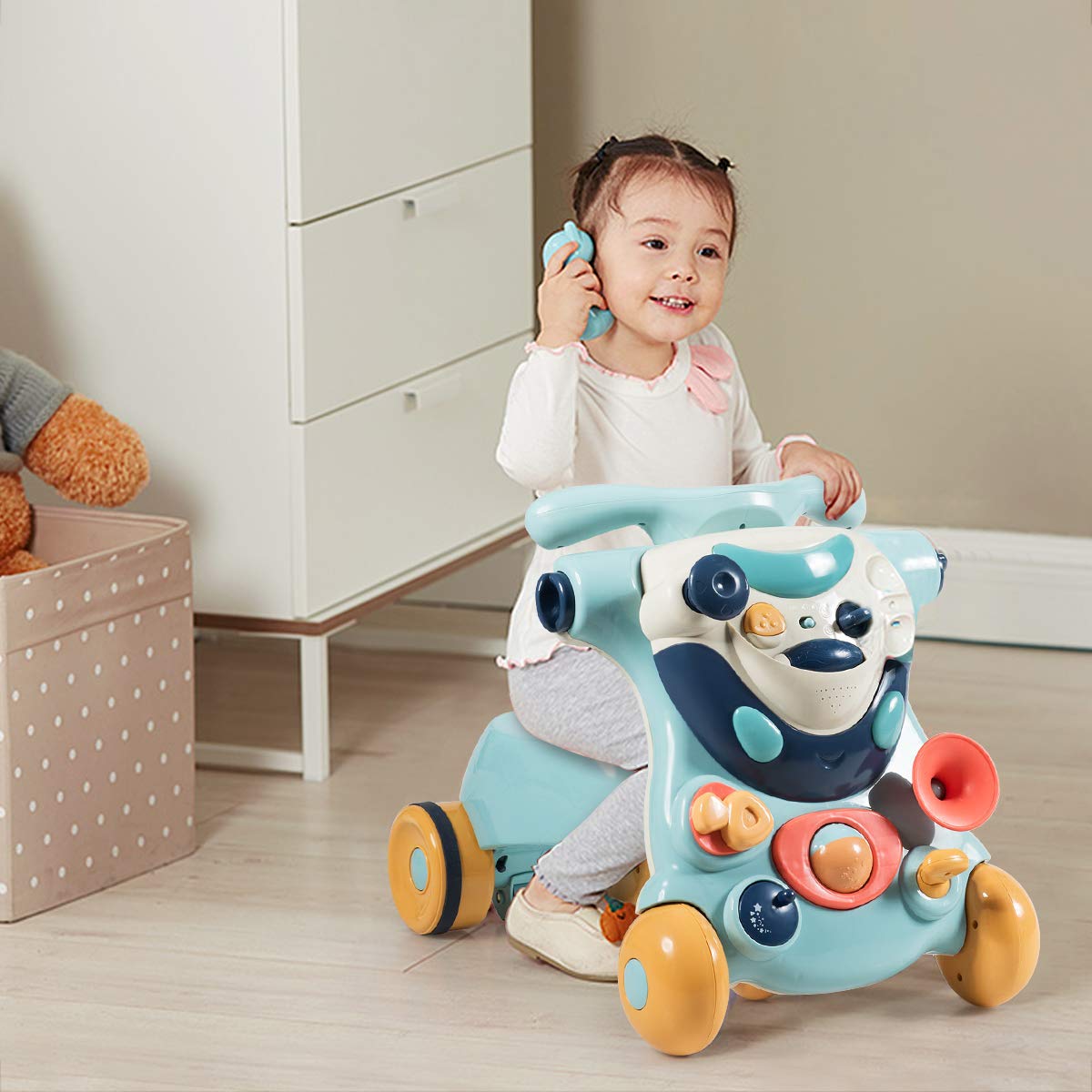 HONEY JOY Sit-to-Stand Learning Walker, 3-in-1 Push Pull Baby Walker W/Wheels, Convertible Ride On Toy Car, Kids Educational Activity Center W/Sound & Light for Toddler Infants Boy Girl (Blue)